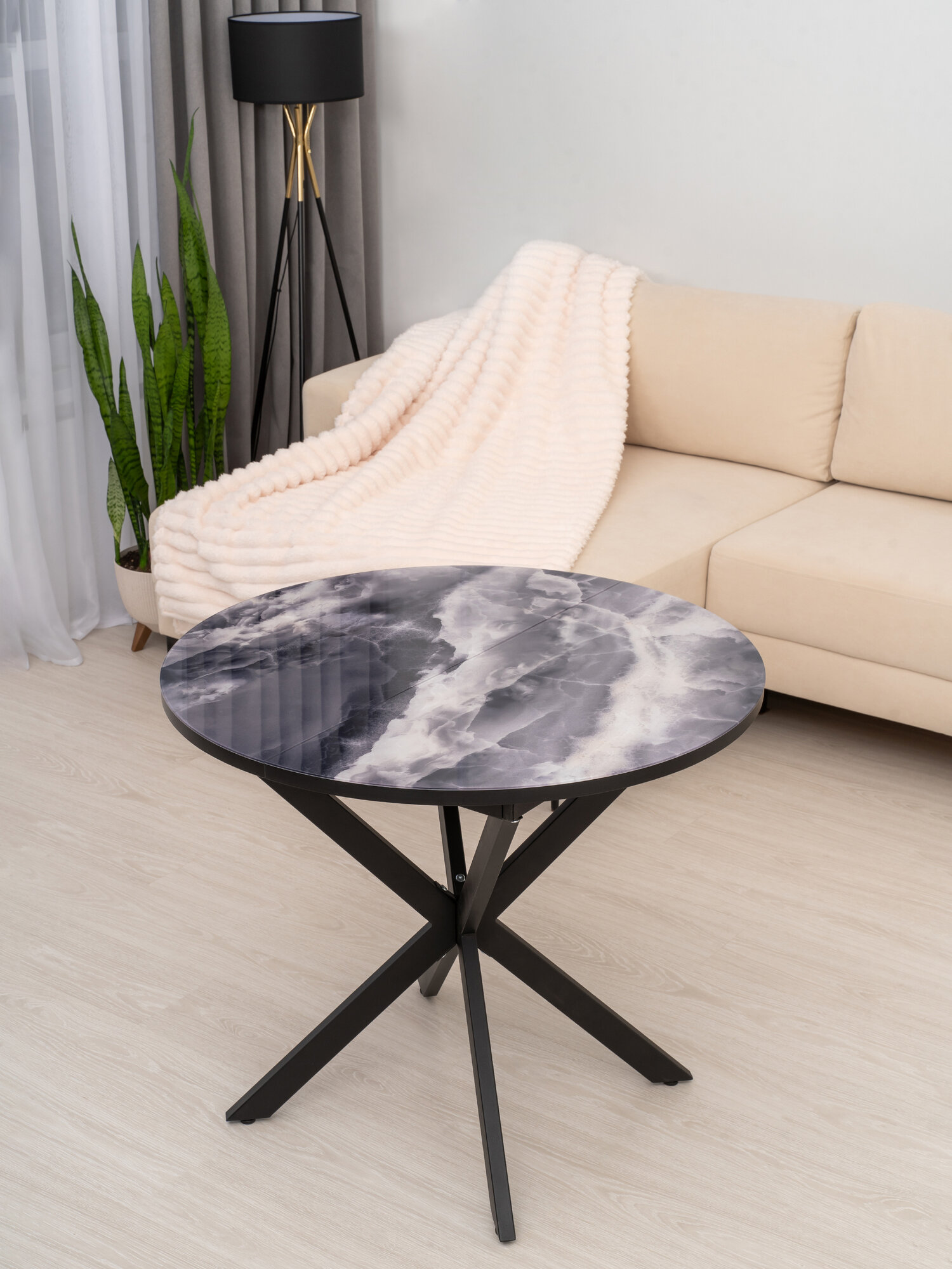 Стол кухонный раздвижной стеклянный круглый 90(120)х90х77 / стол обеденный