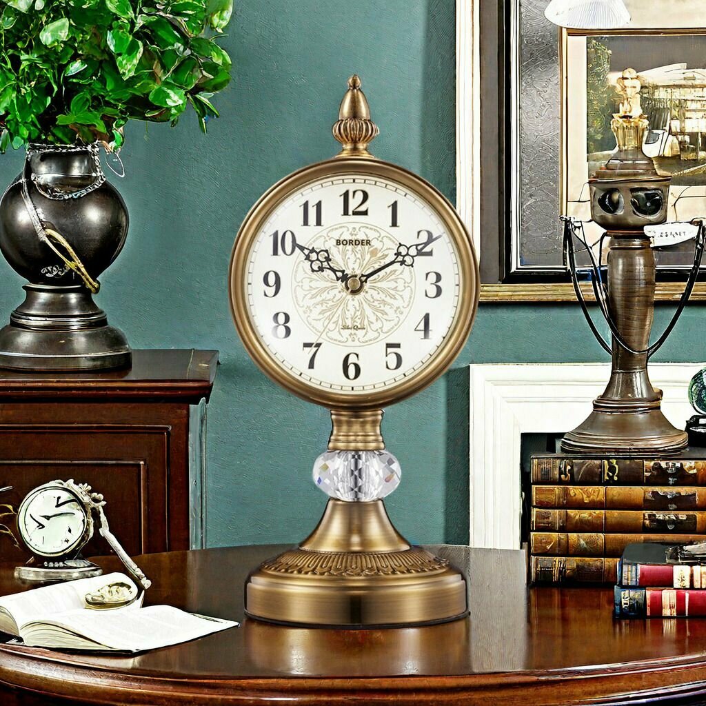 Настольные каминные часы, Старинный европейский стиль, С хрустальным шаром, бесшумный, Сплав с медным покрытием, циферблат с принтом, кварцевый механизм