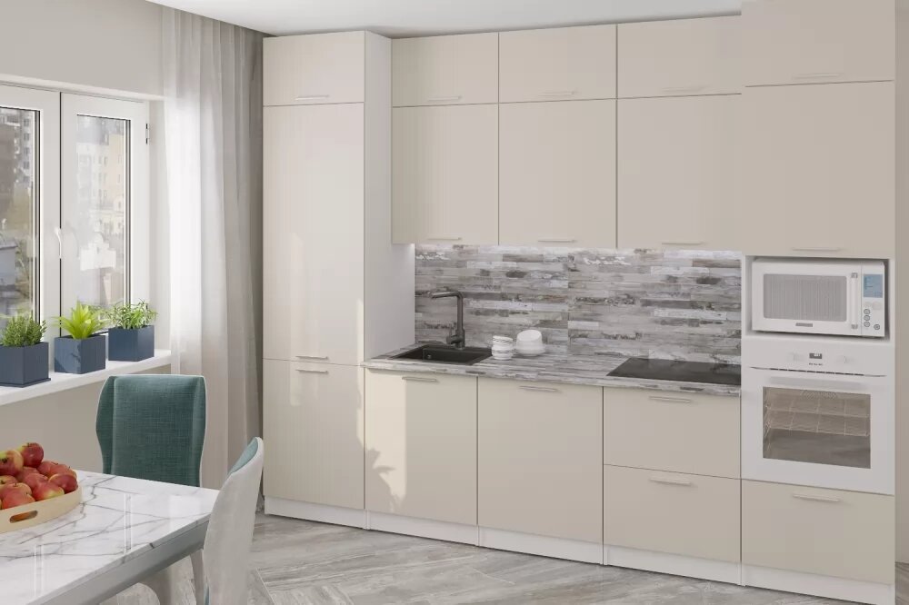 Кухонный гарнитур Герда Дюна экстра 2 3000 мм (ПМ), каркас ЛДСП, фасад ЛДСП, Белый/Кашемир