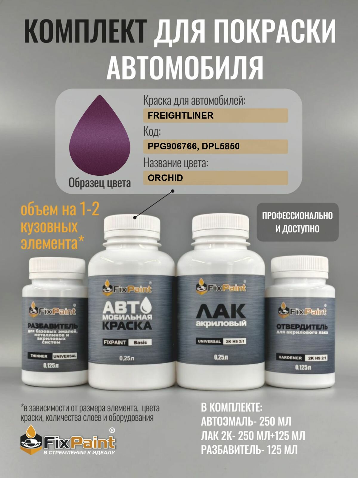 Комплект для покраски FREIGHTLINER, код PPG906766, DPL5850, ORCHID, базовая автомобильная эмаль 250 мл, лак 2K 250 мл с отвердителем, разбавитель 125 мл, FixPaint Pro