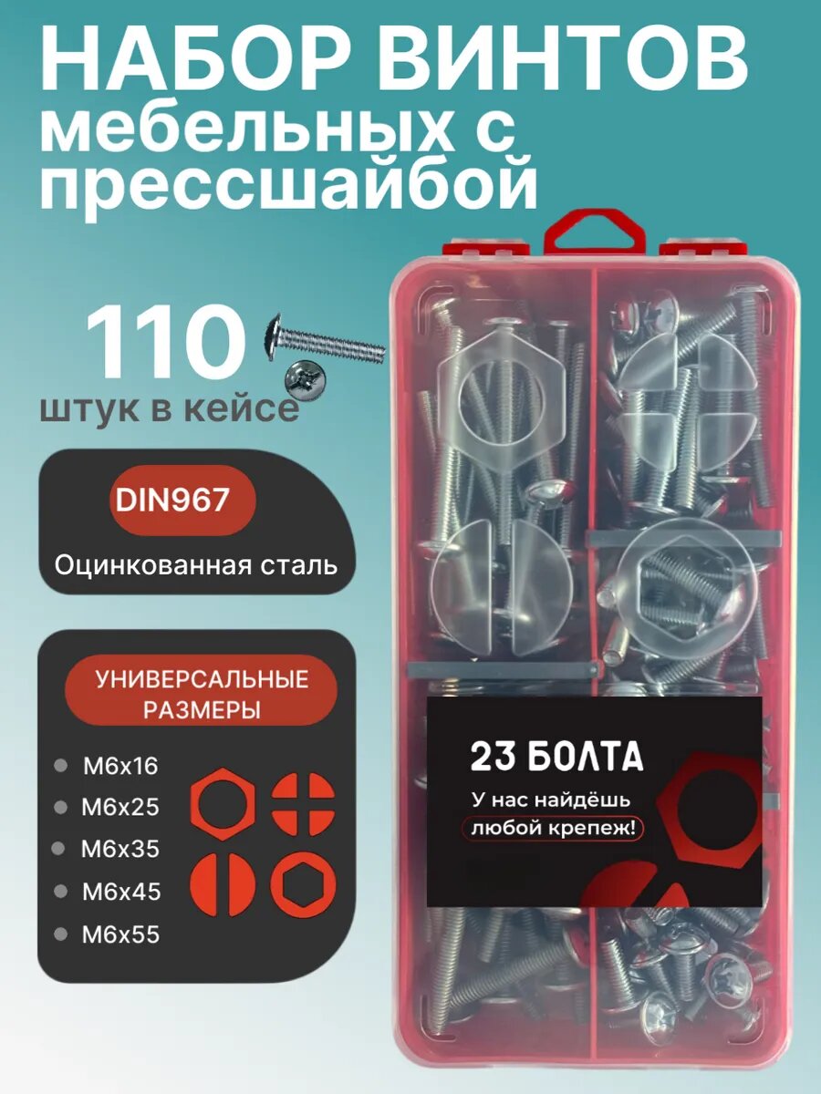 Винты с прессшайбой М6 мебельные DIN967 органайзер набор 3