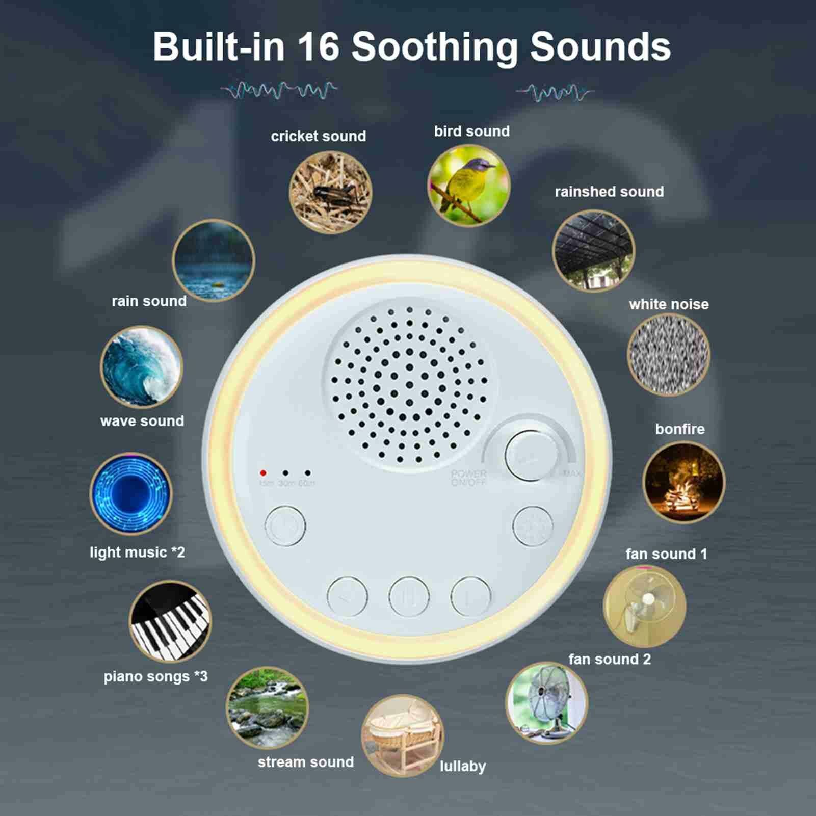Машина белого шума с 16 звуками и функцией ночника для сна младенцев, портативная, с таймером и аккумулятором 900mAh