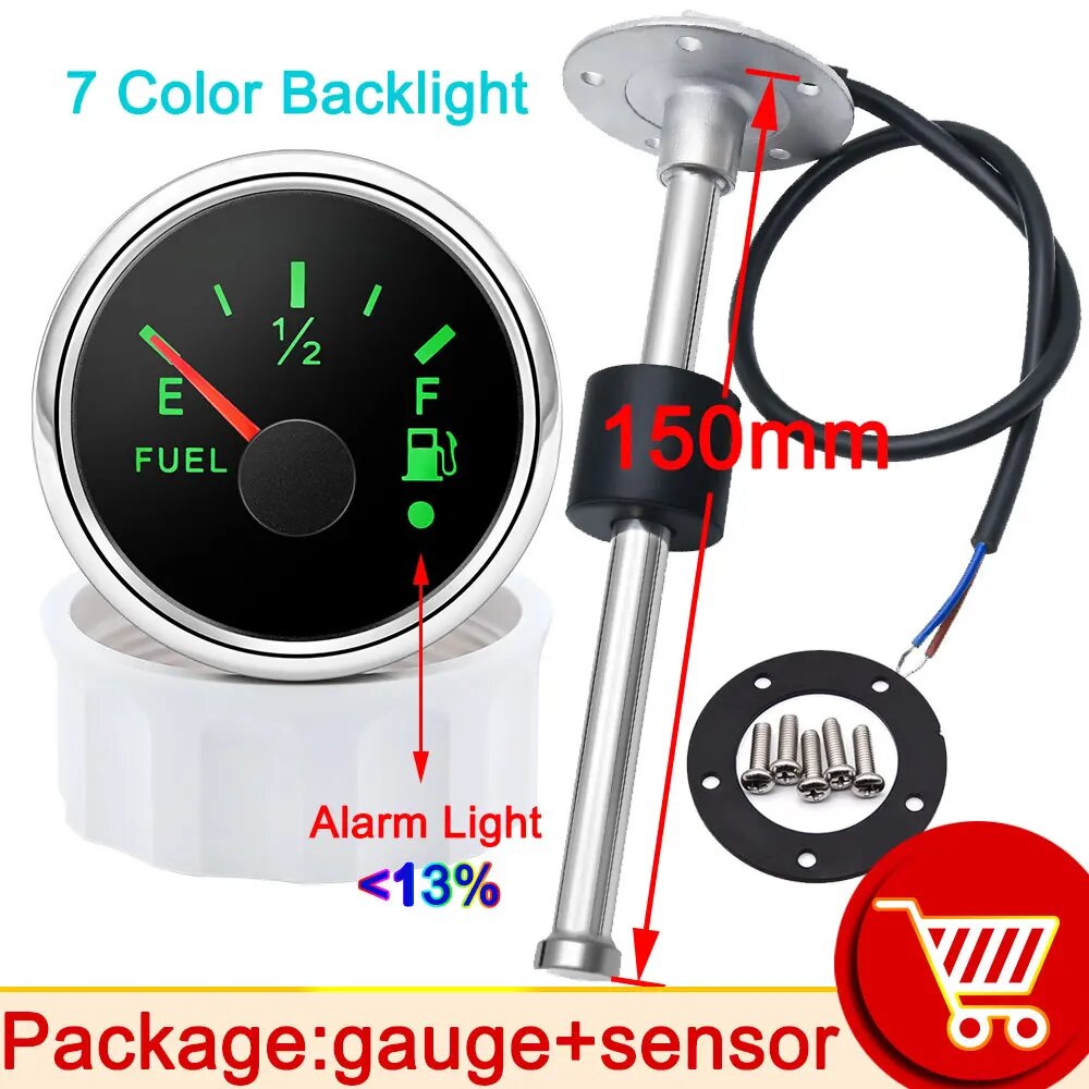 52 мм светодиодный датчик уровня топлива + датчик уровня поплавка топлива 240-33ohm для авто морской лодки с 7-цветной подсветкой 12В ~ 24В водонепроницаемый, with 150mm sensor