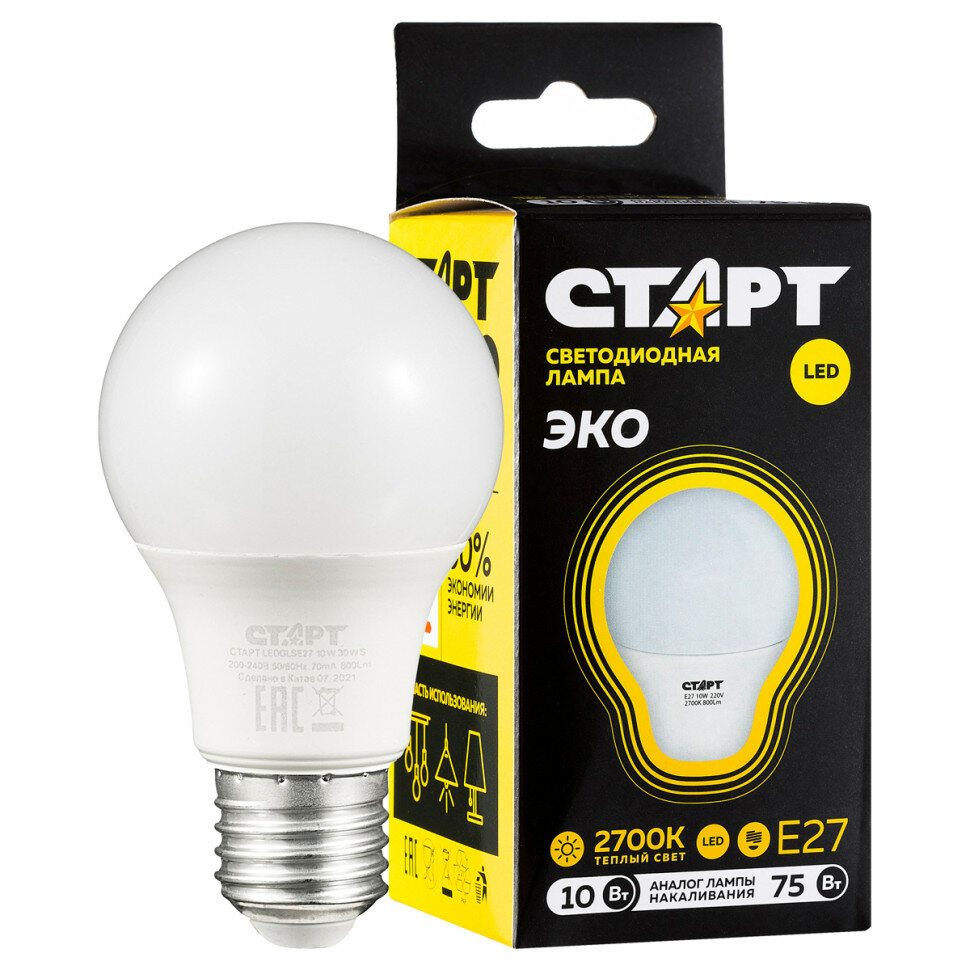 Лампа светодиодная Старт LED, серия "WS" 10W30, тип А "груша", E27, 2700К, теплый свет, 25000ч, 385686