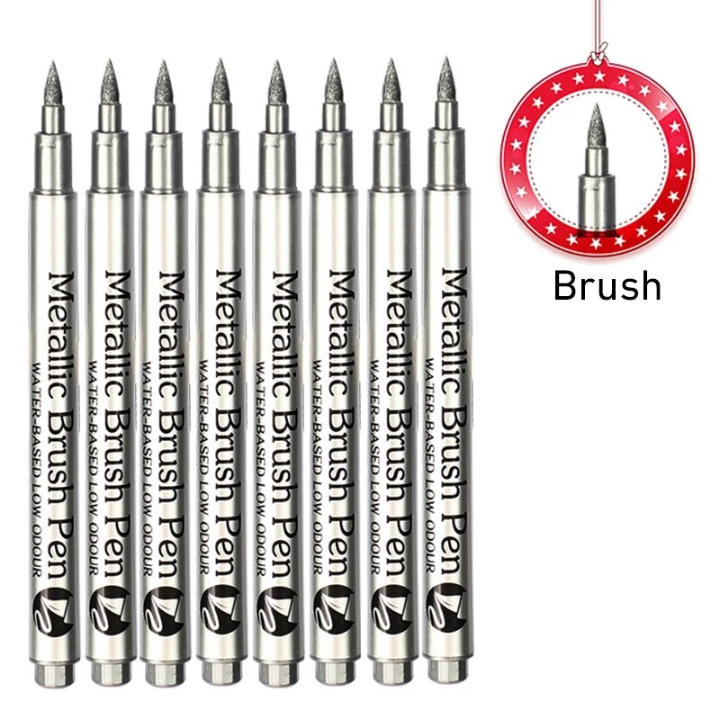 Металлические Brush Pen, серебряные, набор 8 шт