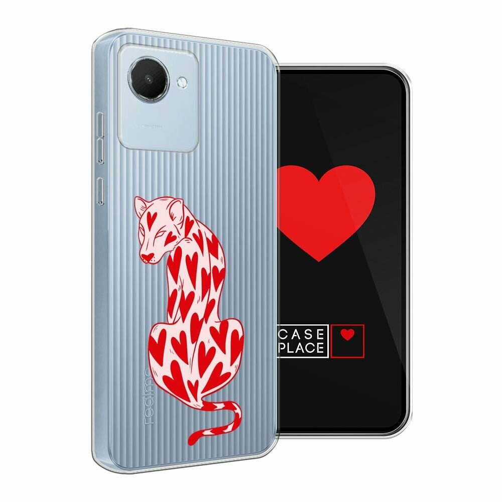 Чехол на Realme C30 / Реалми C30 с принтом "Heart panther 2 - 14 февраля", прозрачный — фото 1