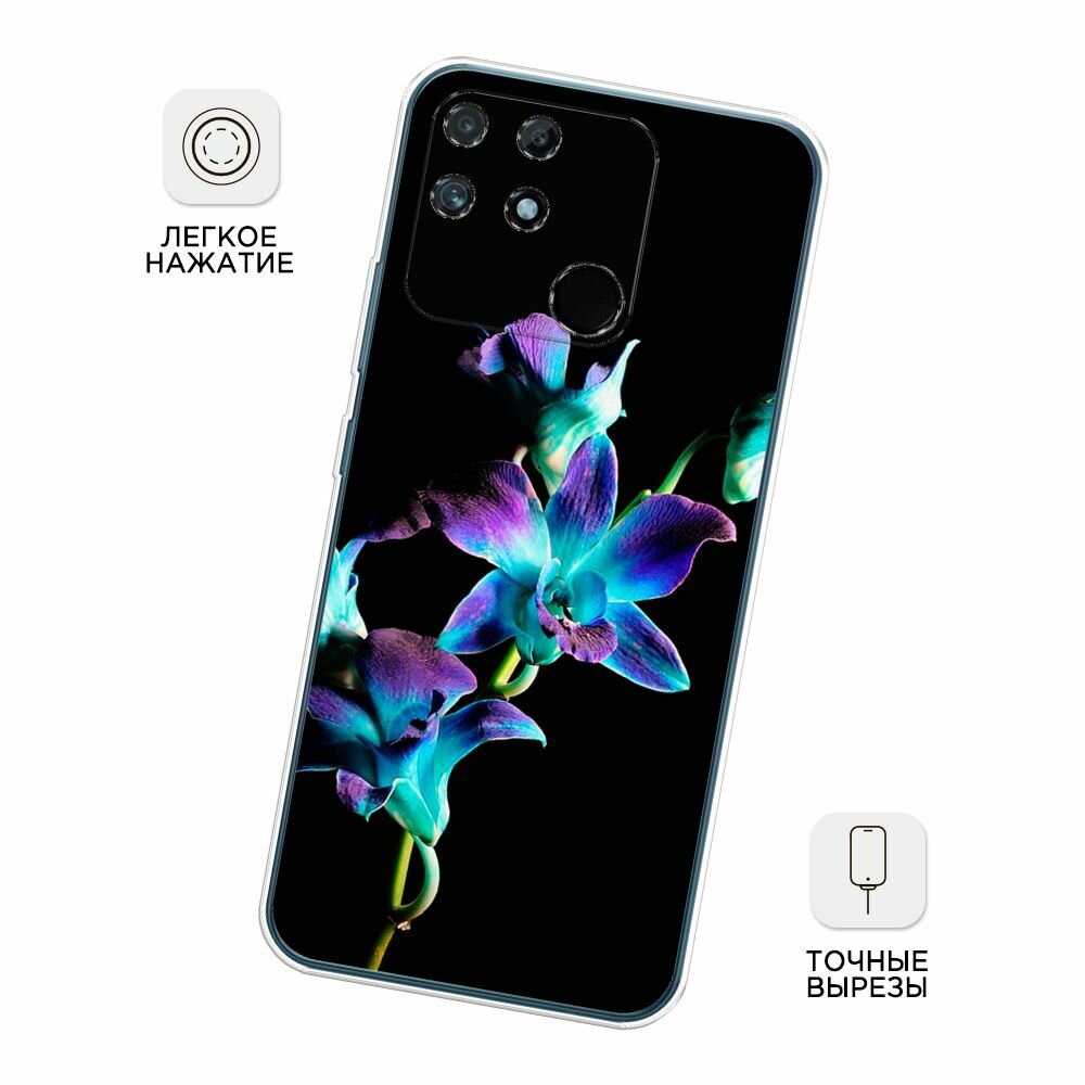 Чехол на Realme Narzo 50A / Реалми Нарзо 50A с принтом "Синий цветок на черном" — фото 1