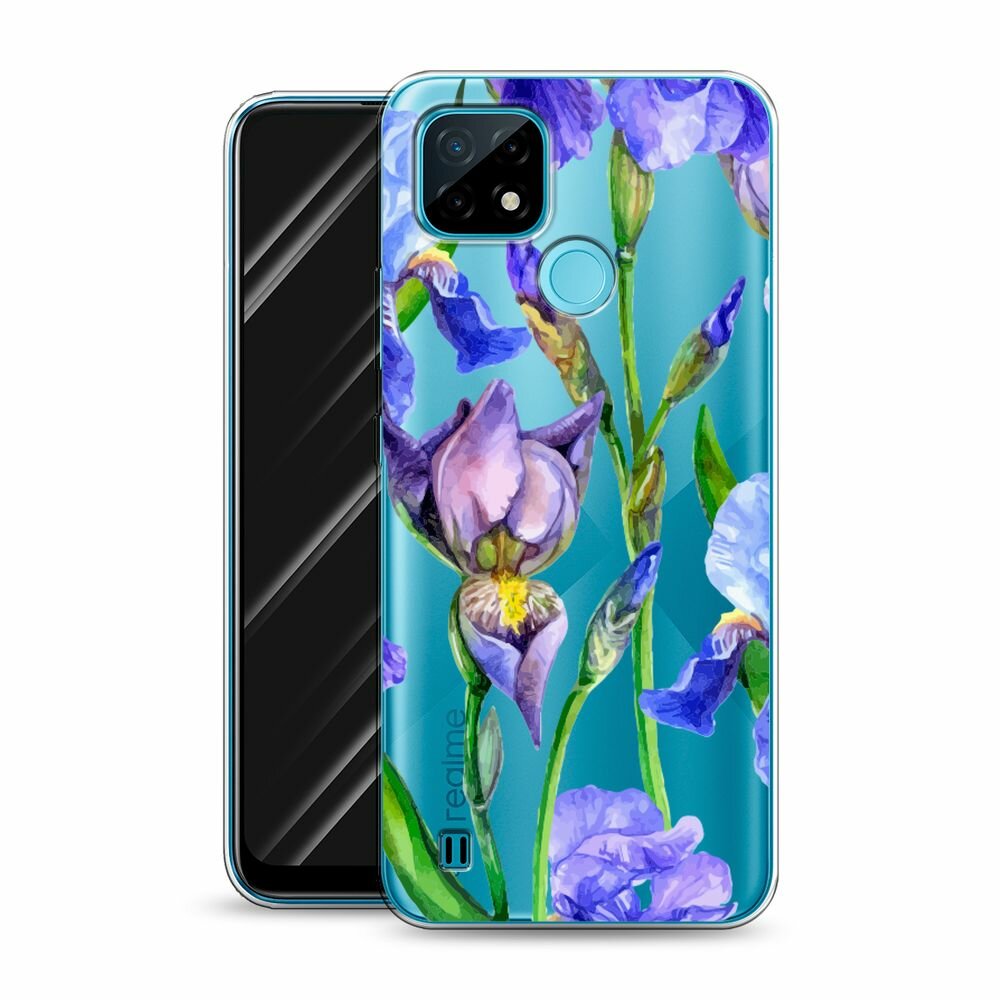 Чехол на Realme C21 / Реалми С21 с принтом "Синие ирисы", прозрачный — фото 1