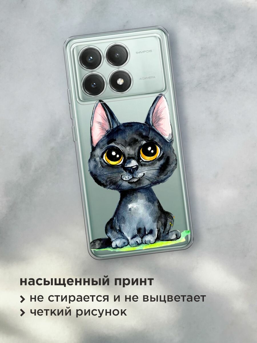 Чехол на Xiaomi Poco X6 PRO 5G / Поко X6 Про 5G с принтом Милый черный котенок, прозрачный — фото 1