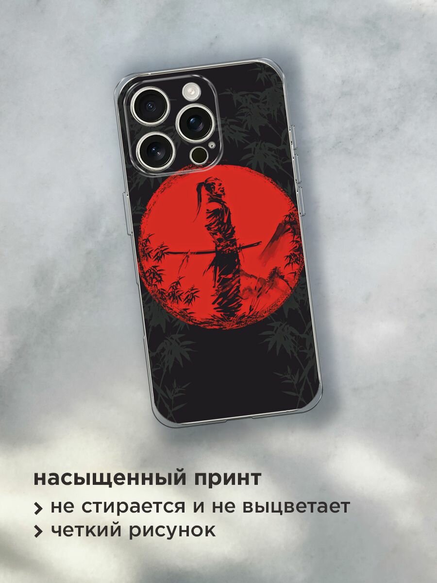 Чехол на Apple iPhone 16 Pro / Айфон 16 Про с принтом "Самурай на красном фоне" — фото 1
