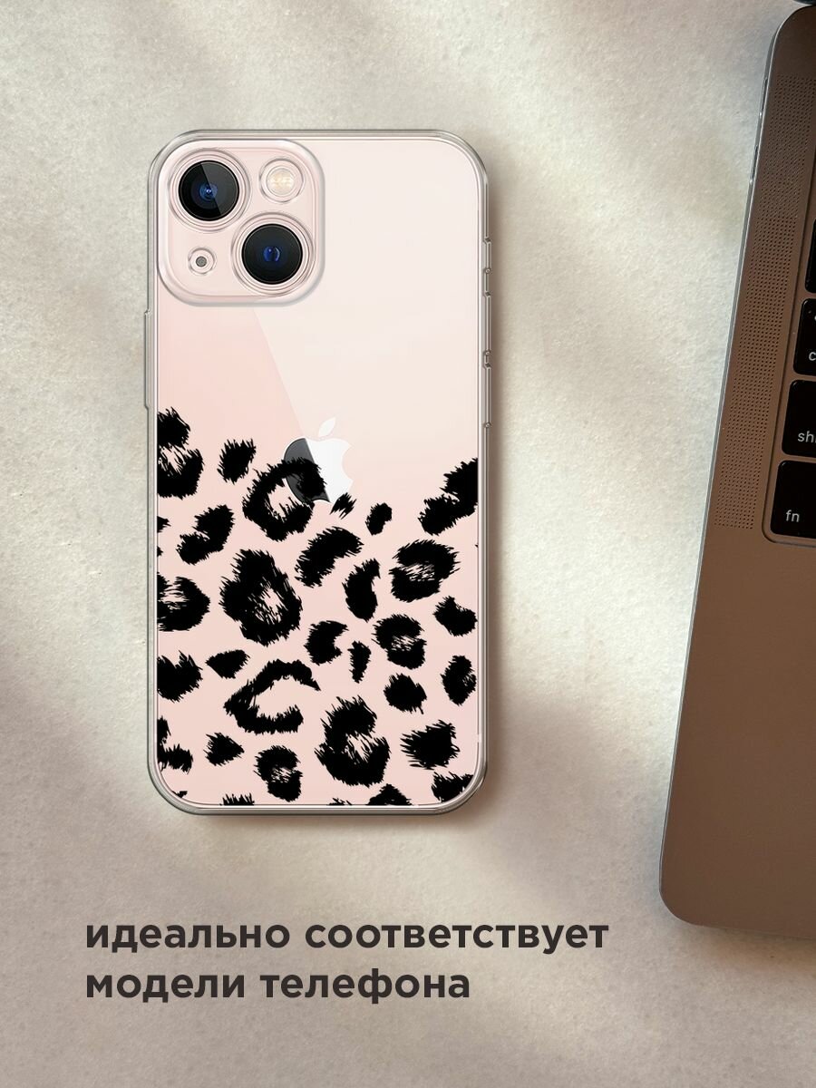 Чехол на Apple iPhone 13 mini / Айфон 13 мини с принтом "Окрас леопарда фон черный", прозрачный — фото 1