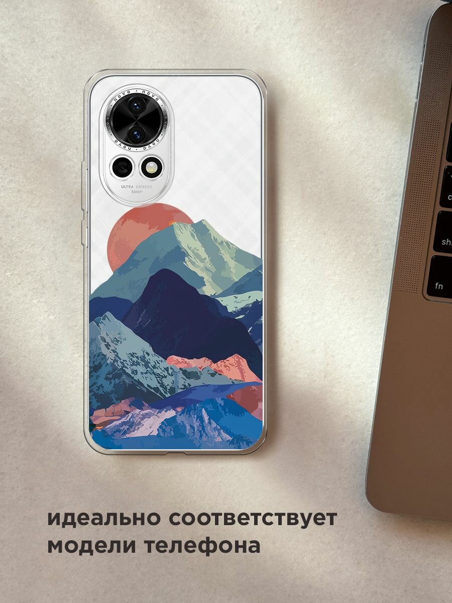 Чехол на Huawei Nova 12/Nova13 / Хуавей Нова 12/Нова 13 с принтом "Закат в снежных горах", прозрачный — фото 1
