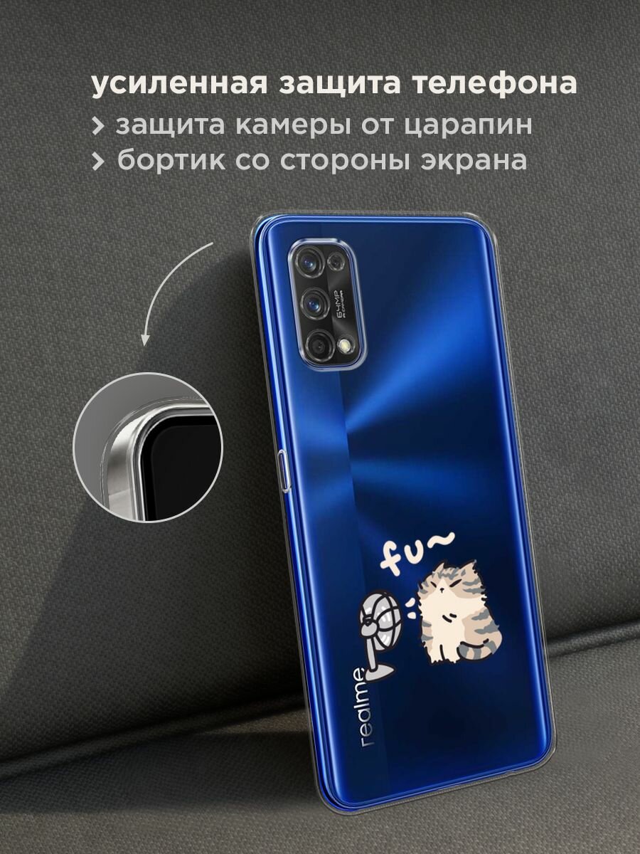 Чехол на Realme 7 Pro / Реалми 7 Про с принтом "Котик с вентилятором", прозрачный — фото 1