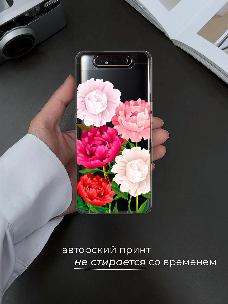 Чехол на Samsung Galaxy A80 / Самсунг Гэлакси A80 с принтом "Большие пионы", прозрачный — фото 1