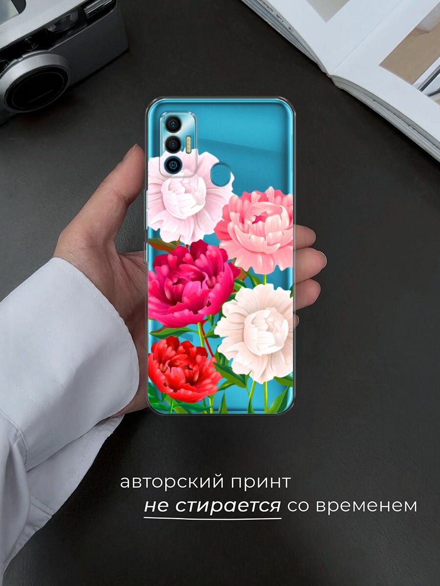Чехол на Tecno Spark 7 / Техно Спарк 7 с принтом "Большие пионы", прозрачный — фото 1