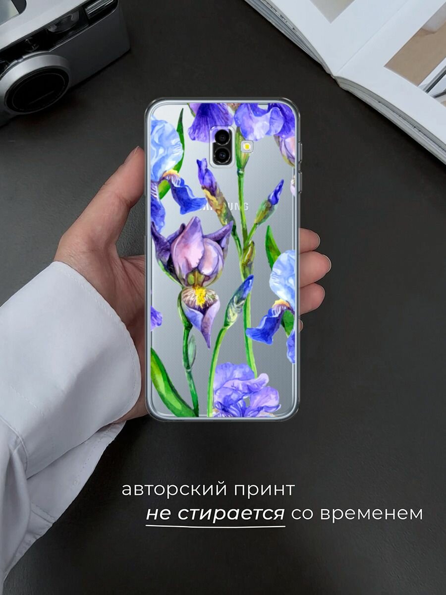 Чехол на Samsung Galaxy J6 + / Самсунг Галакси J6 Плюс 2018 с принтом "Синие ирисы", прозрачный — фото 1