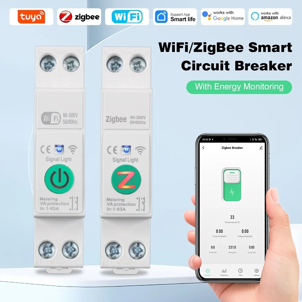 Умный автоматический выключатель Tuya 1-63A Zigbee