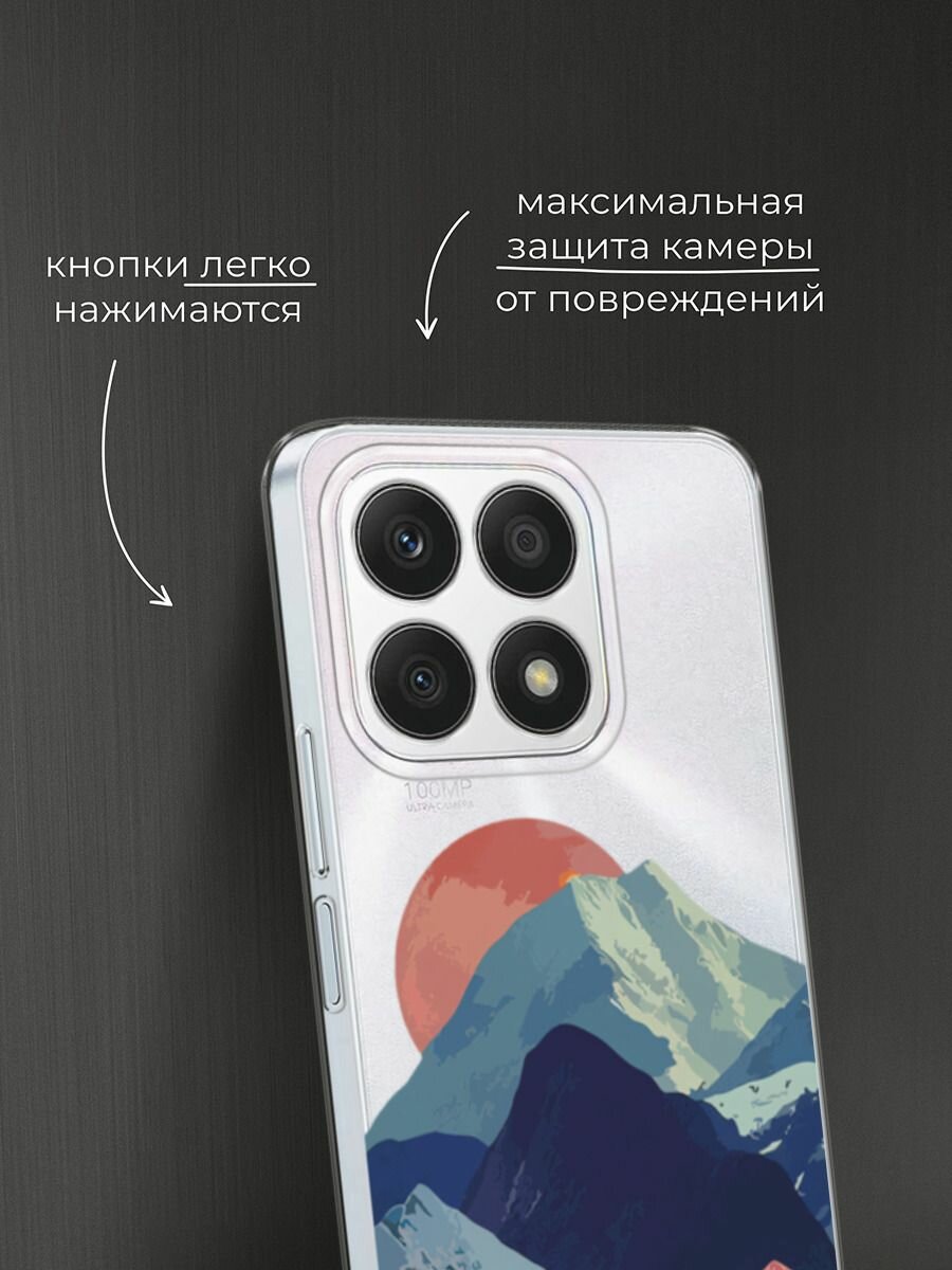 Чехол на Honor X8A / Хонор X8A с принтом "Закат в снежных горах", прозрачный — фото 1