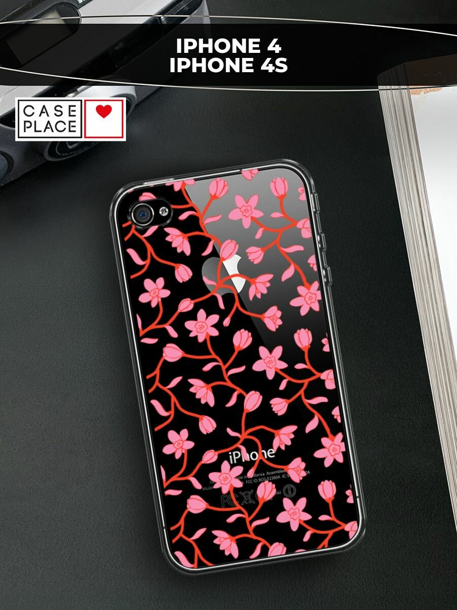 Чехол на Apple iPhone 4/4S / Айфон 4/4S с принтом "Красное переплетение веточек", прозрачный