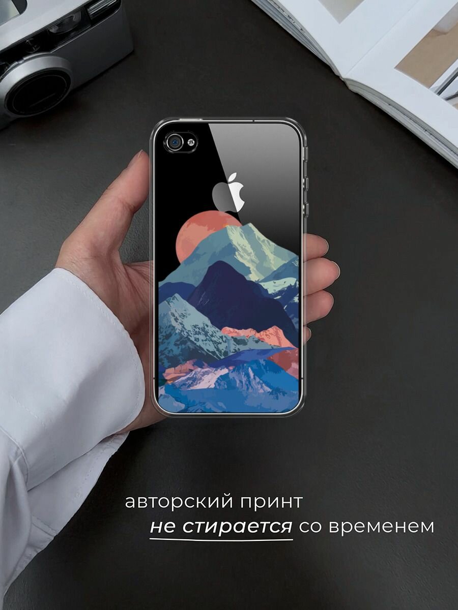 Чехол на Apple iPhone 4/4S / Айфон 4/4S с принтом "Закат в снежных горах", прозрачный — фото 1