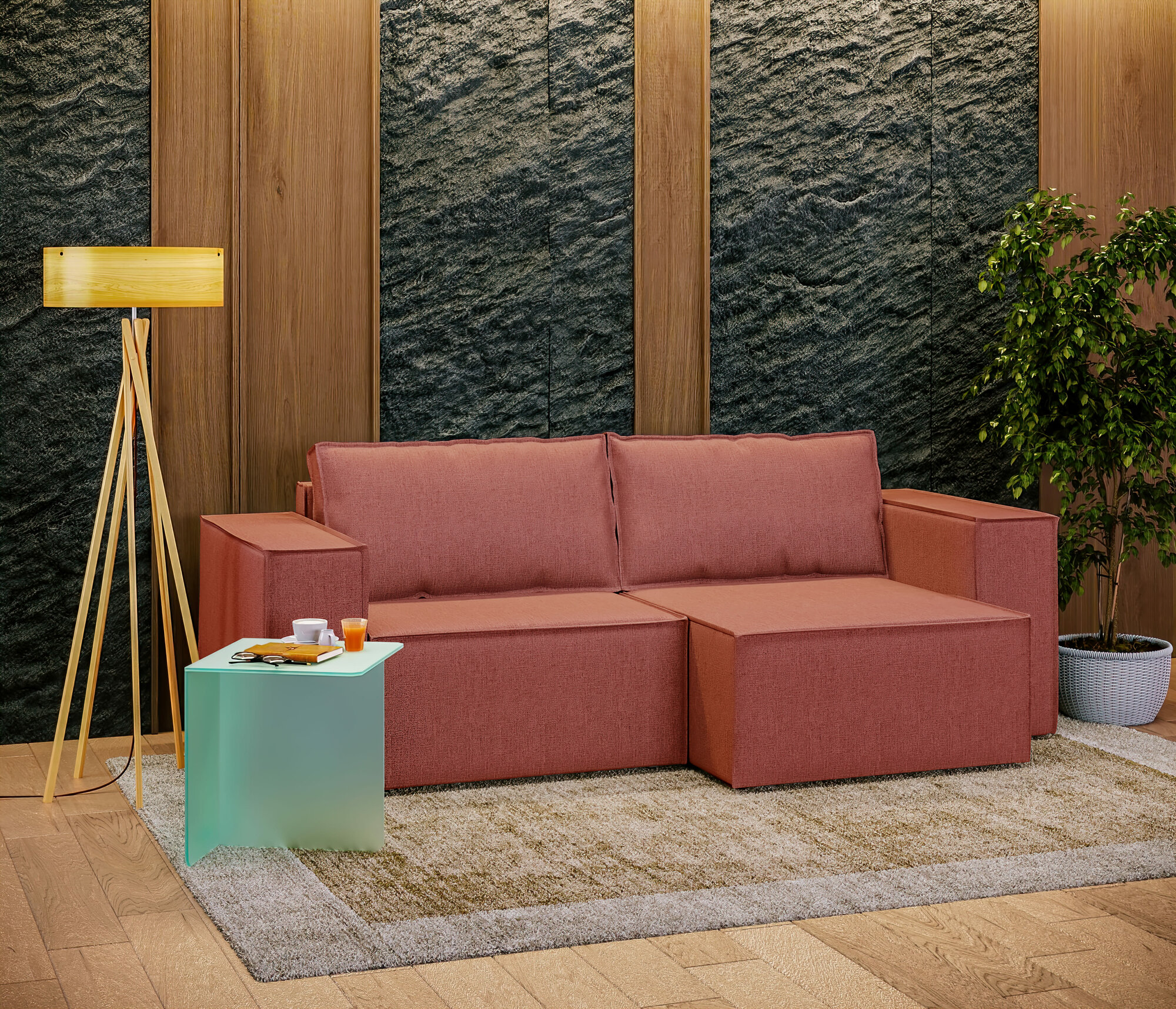 Угловой диван эби, еврокнижка, рогожка саванна плюс корал , ППУ