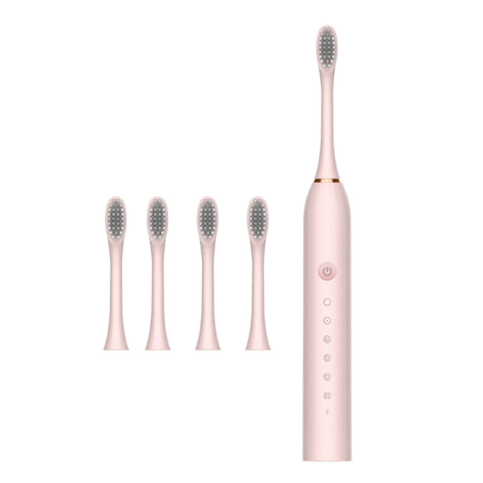 Электрическая зубная щетка USB заряжаемая 5 режимов регулируемая водонепроницаемая IPX7 4 насадки для зубной щетки черный белый розовый размер 22*2.5*2.5см вес упаковки 125г батарея 600mAh напряжение 3.6V время зарядки 8ч