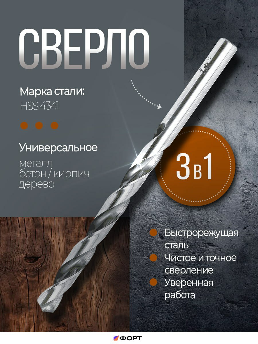 Сверло по металлу, 14,5x170мм, HSS, для бетона/дерева/металла, цилиндрический тип, 1шт.