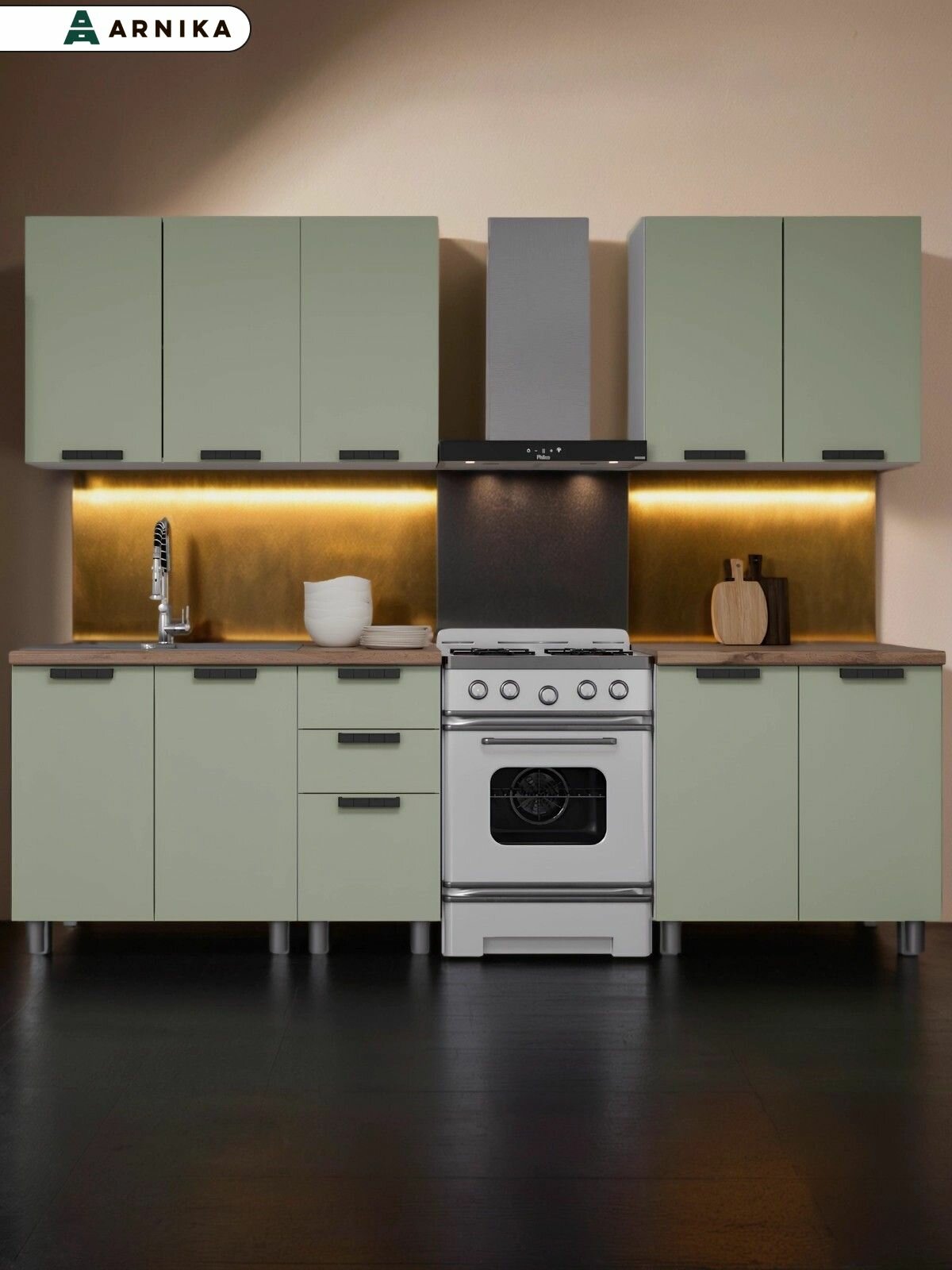 ARNIKA Кухонный гарнитур 2м со столешницей Фисташка/Фисташка, скоба черный, сонома