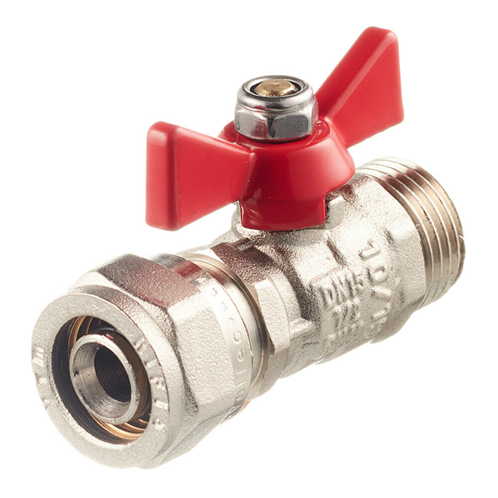 Кран шаровой латунный Valtec 16 обжц х 1/2 НРш для металлопластиковых труб бабочка прямой VT.341. N.1604