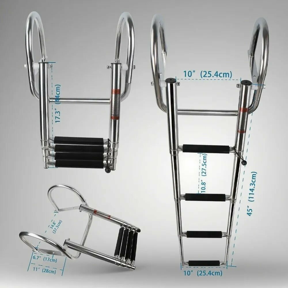 Телескопическая Лестница для Бассейна Нержавеющая Сталь AISI 316L Антикоррозийная Высота 130 см Безопасная Складная (44 см) Для бассейнов, яхт, понтонов