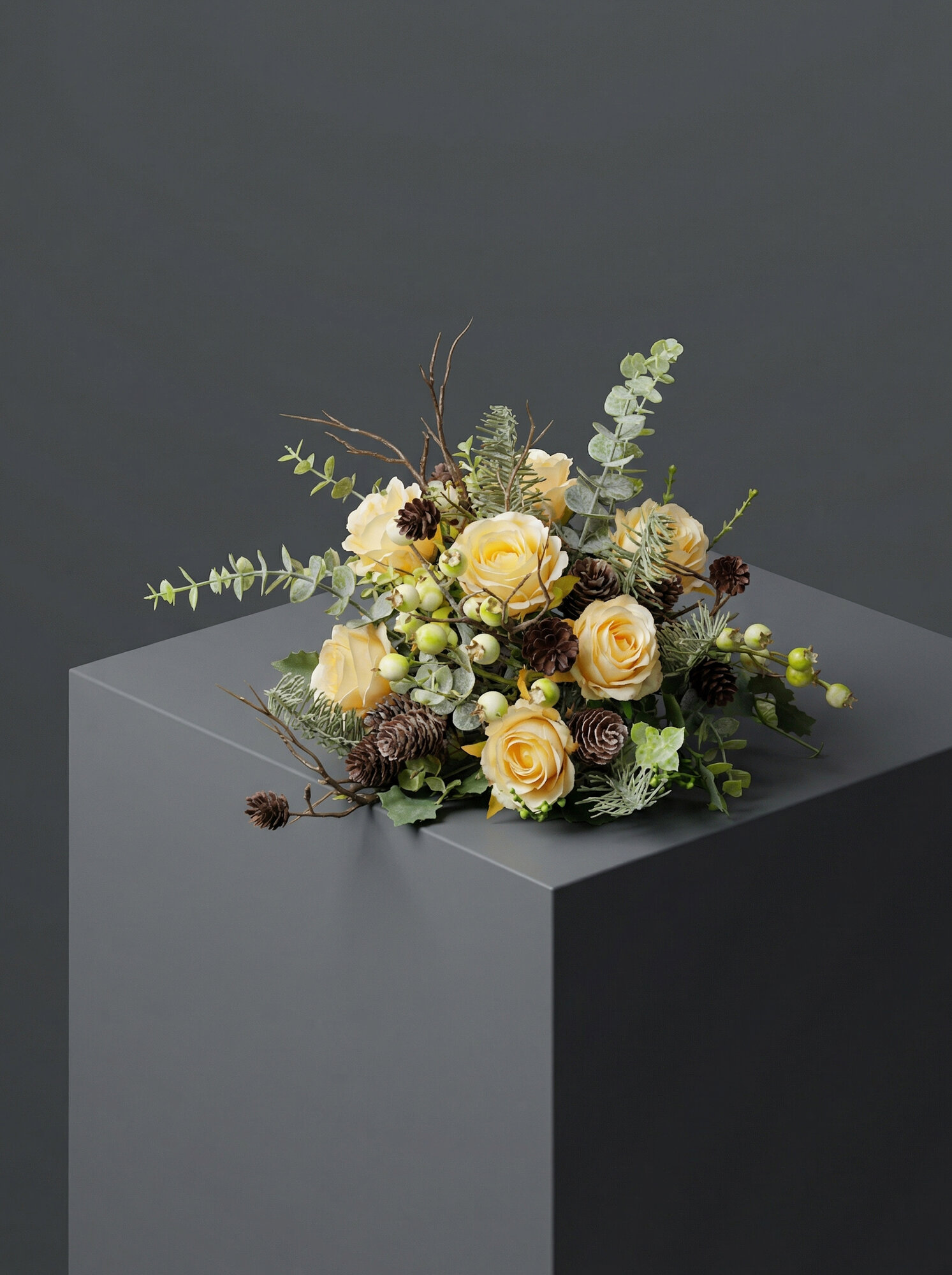 Цветы искусственные, розы с шишками и ёлочными веточками, нежно-жёлтые, длина 40 см