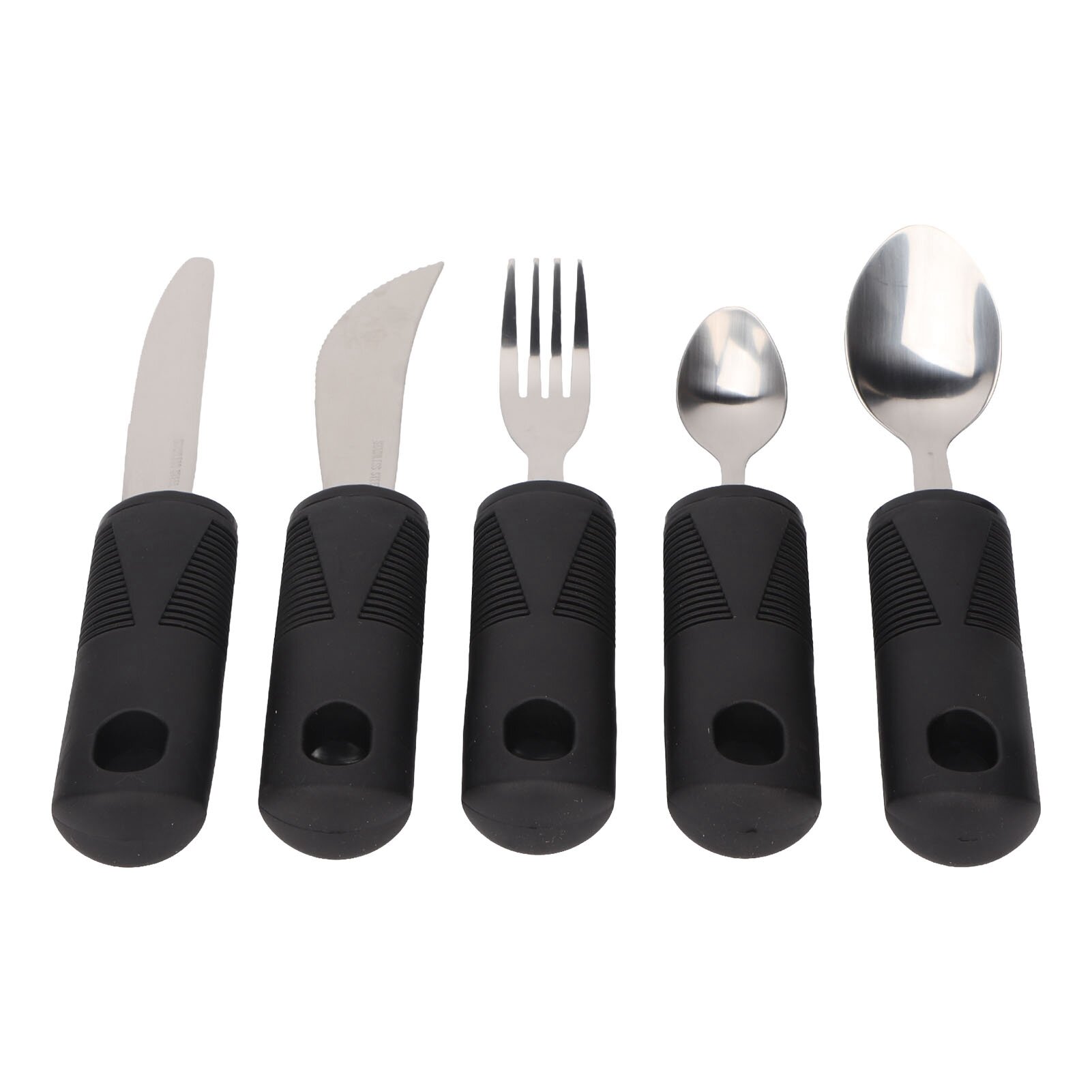Набор из 5 предметов бытовой техники: вилки, ложки, черная резиновая ручка, нержавеющая сталь