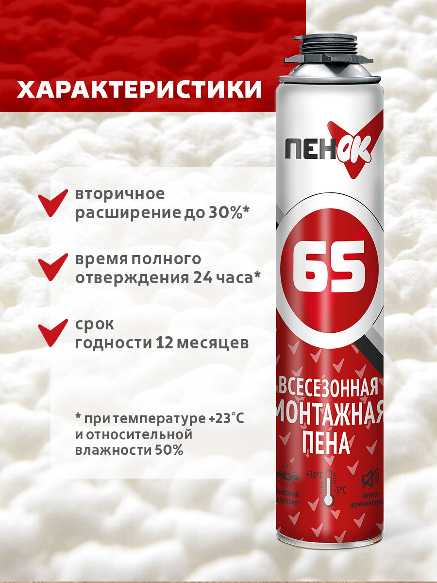 Профессиональная монтажная пена ПенОК 65л всесезонная, 750гр, 1 шт.