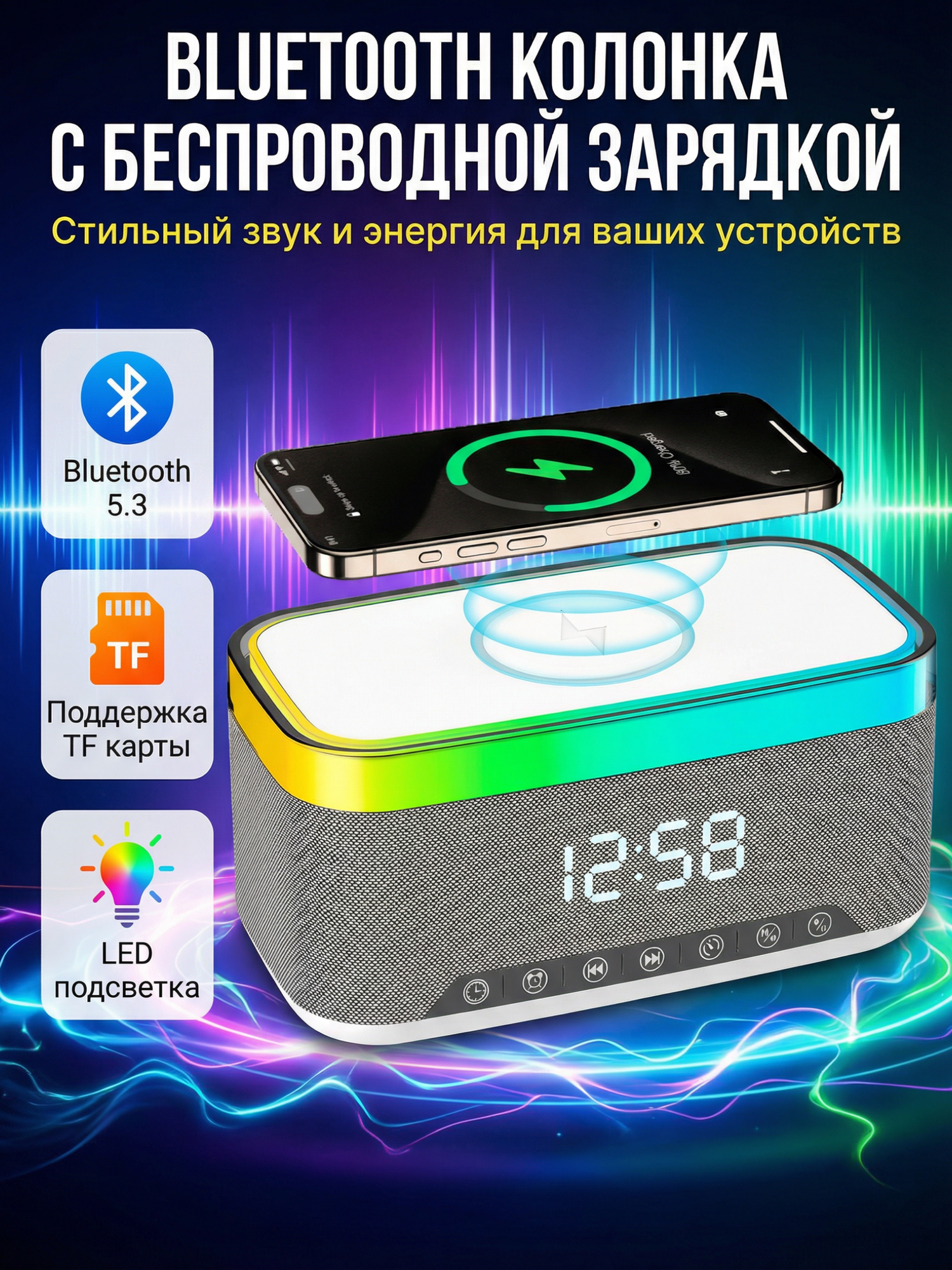Bluetooth колонка с беспроводной зарядкой 15W, с белым шумом, TWS