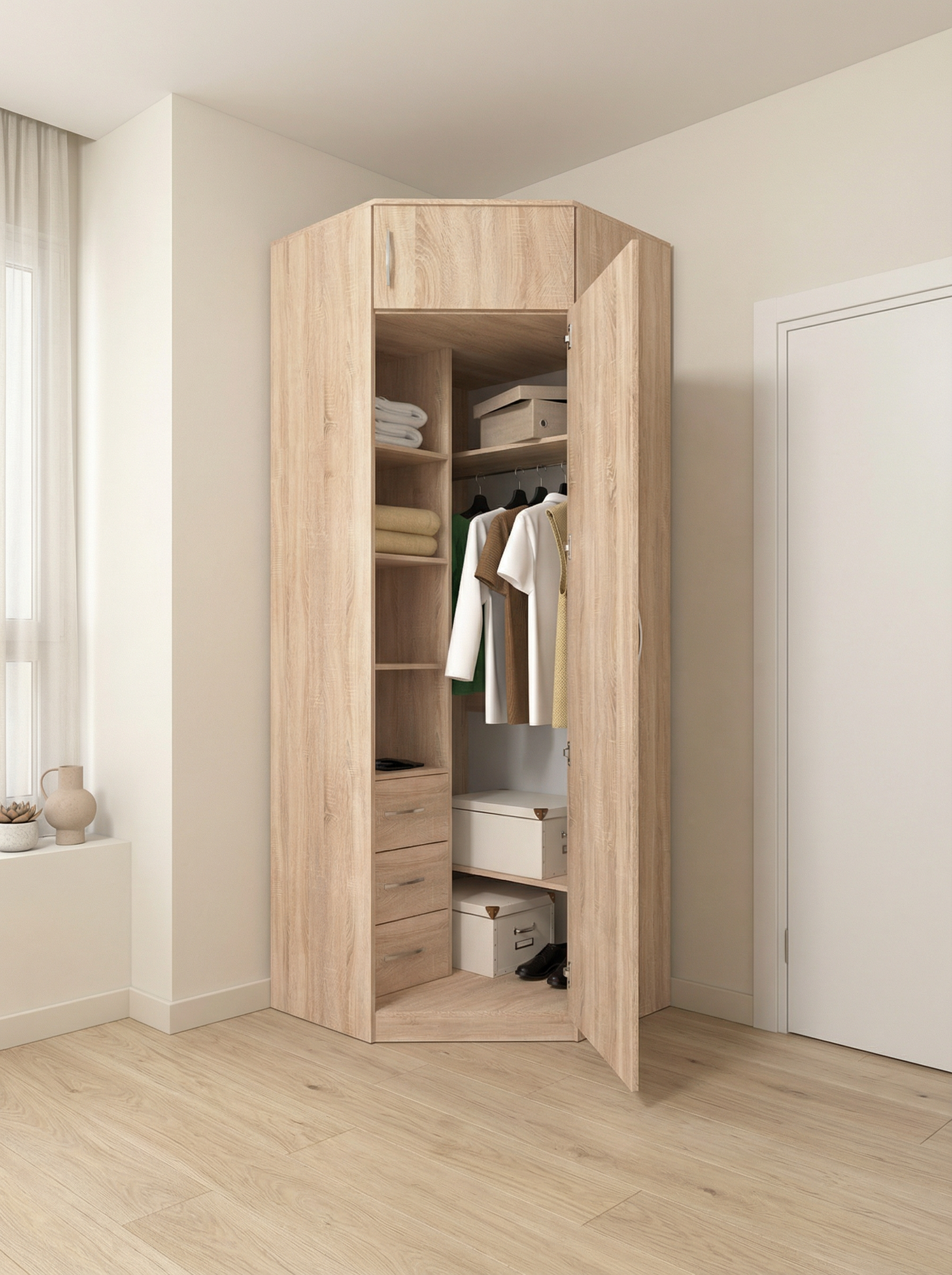 Шкаф угловой распашной Анри-12 с антресолью, 3 ящиками, 6 полками и штангой для вешалок, дуб сонома