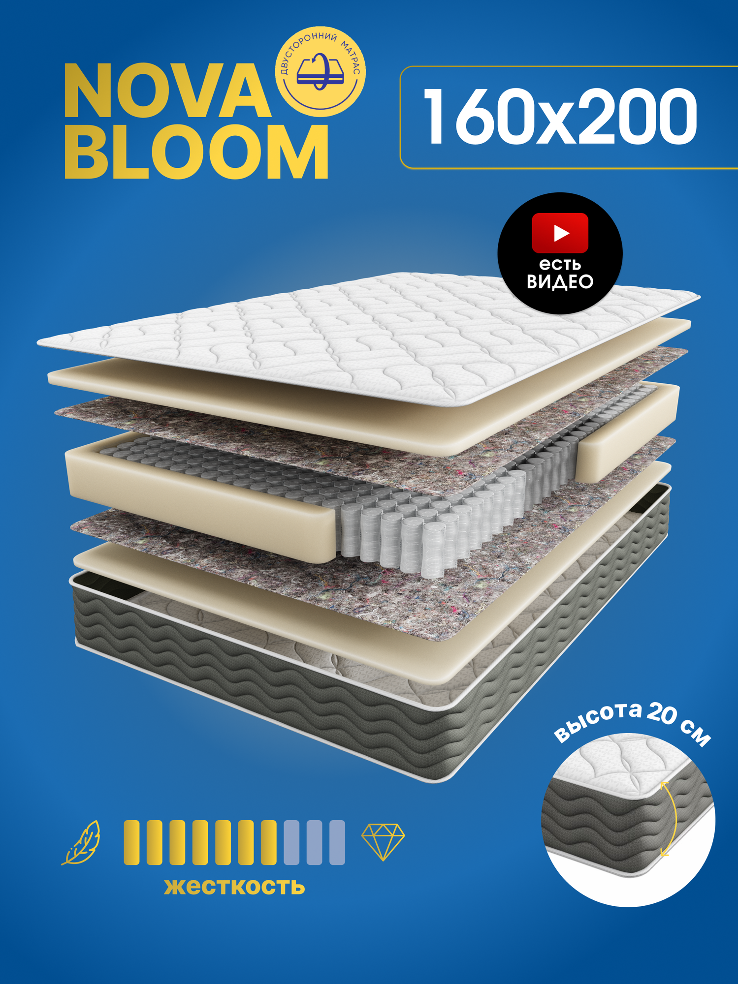 Матрас Пора Спать, независимые пружины, ортопедический, 160x200х19 см