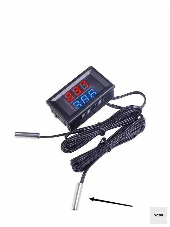 2-канальный термометр,-55-+120 , С цилиндрическим датчиком температуры длиной 1 м, источником питания от 4 до 28 В, красным и синим дисплеем