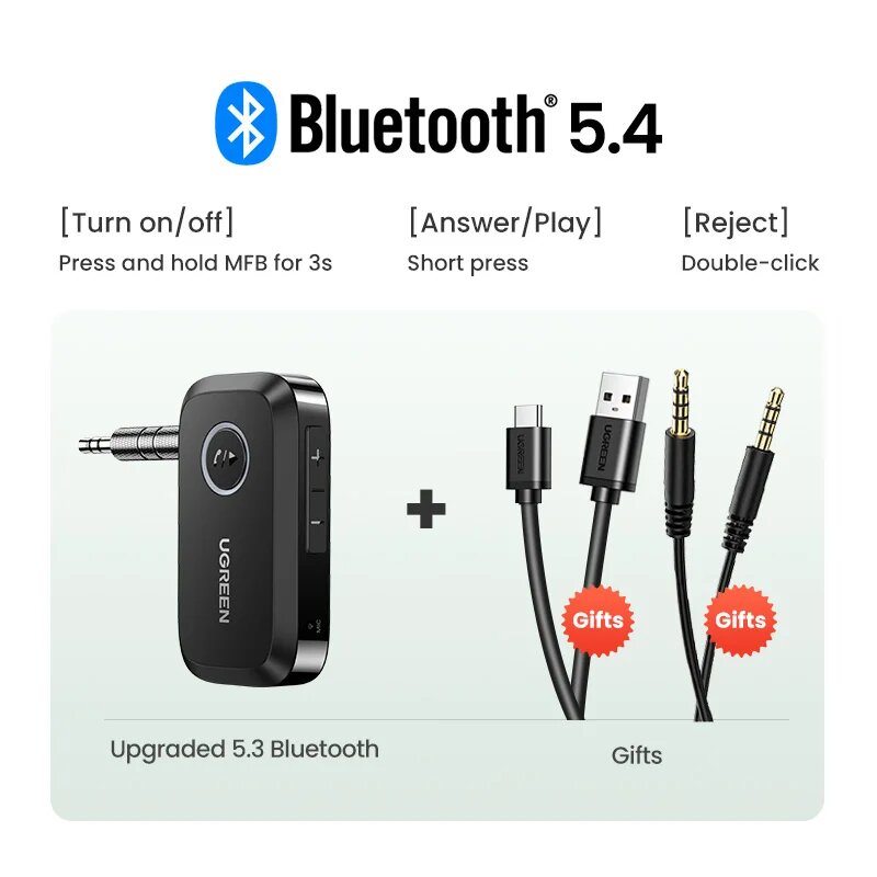 UGREEN Беспроводной адаптер Bluetooth 5.3 3,5 мм Black
