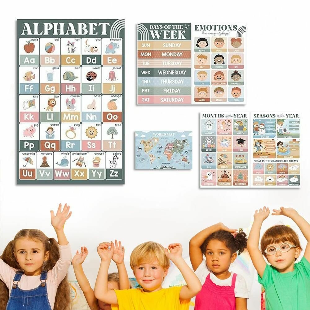 18 обучающих плакатов для дошкольников, детский сад, декор стен, ABC алфавит, формы, дни недели