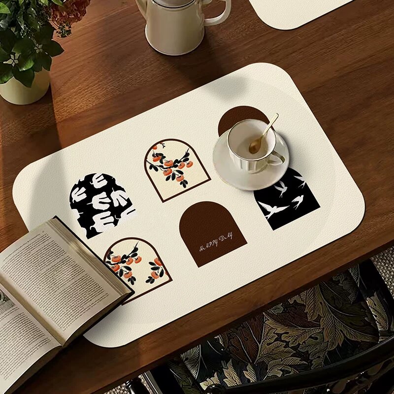 Mid-Century Floral Leather Coaster Set, 30x45 см, водонепроницаемый и устойчивый к пятнам для обеденного стола в