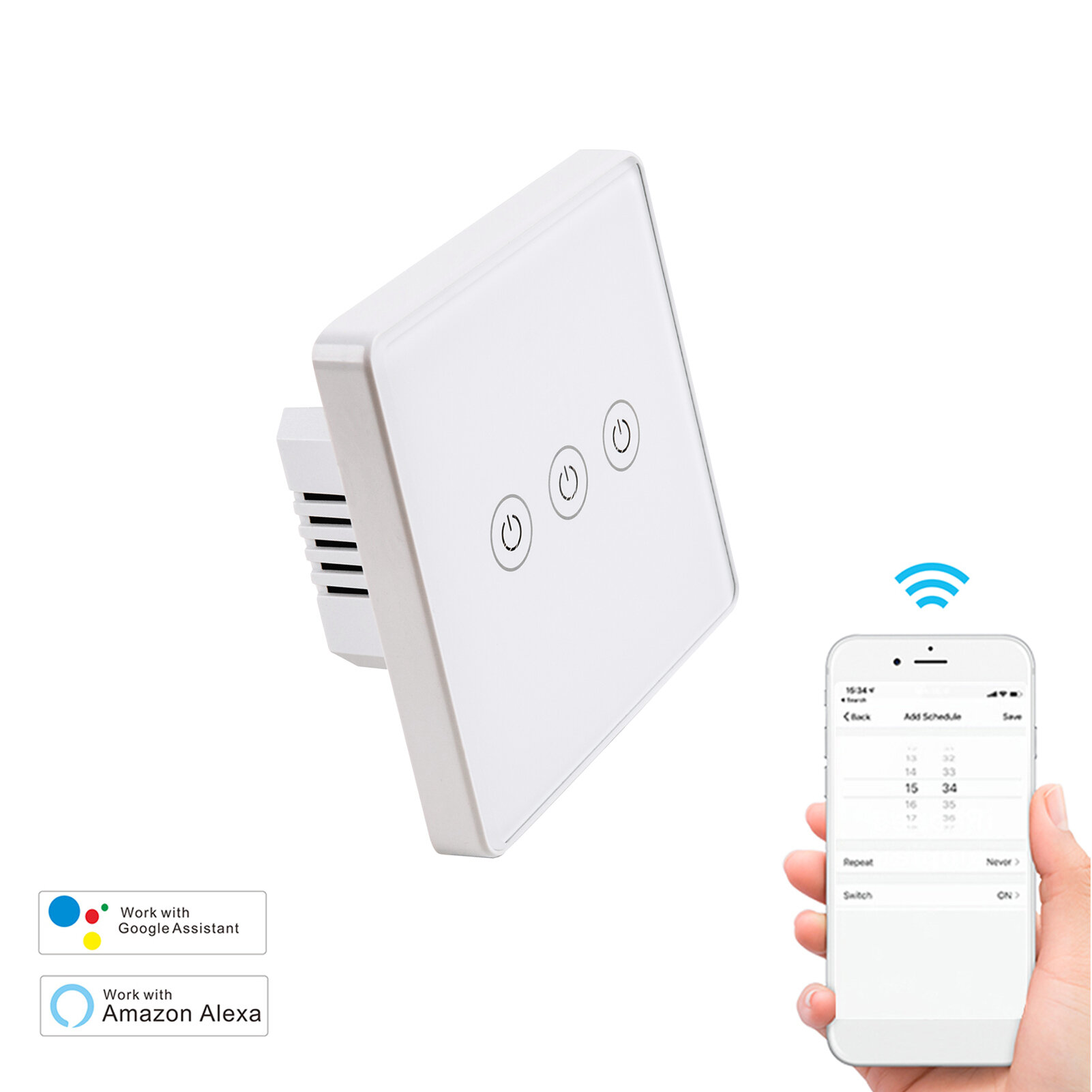 WiFi Smart Light Switch Wall Touch Switch APP Remote Control Voice Control Function Compatible with Google Assistant IFTTT 3 Gang AC 100-264V 50-60Hz 10A 600W/Gang 2.4G 8.6*8.6*4.7cm