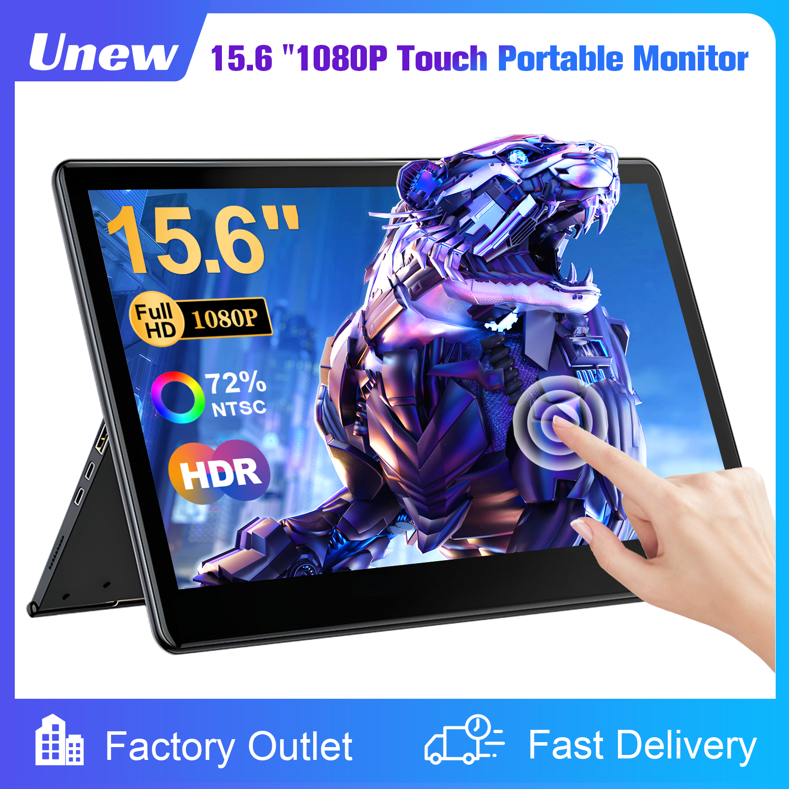 Монитор UNEW, сенсорный, 15,6", 1920 x 1080, IPS, игровой, HDMI Type-C