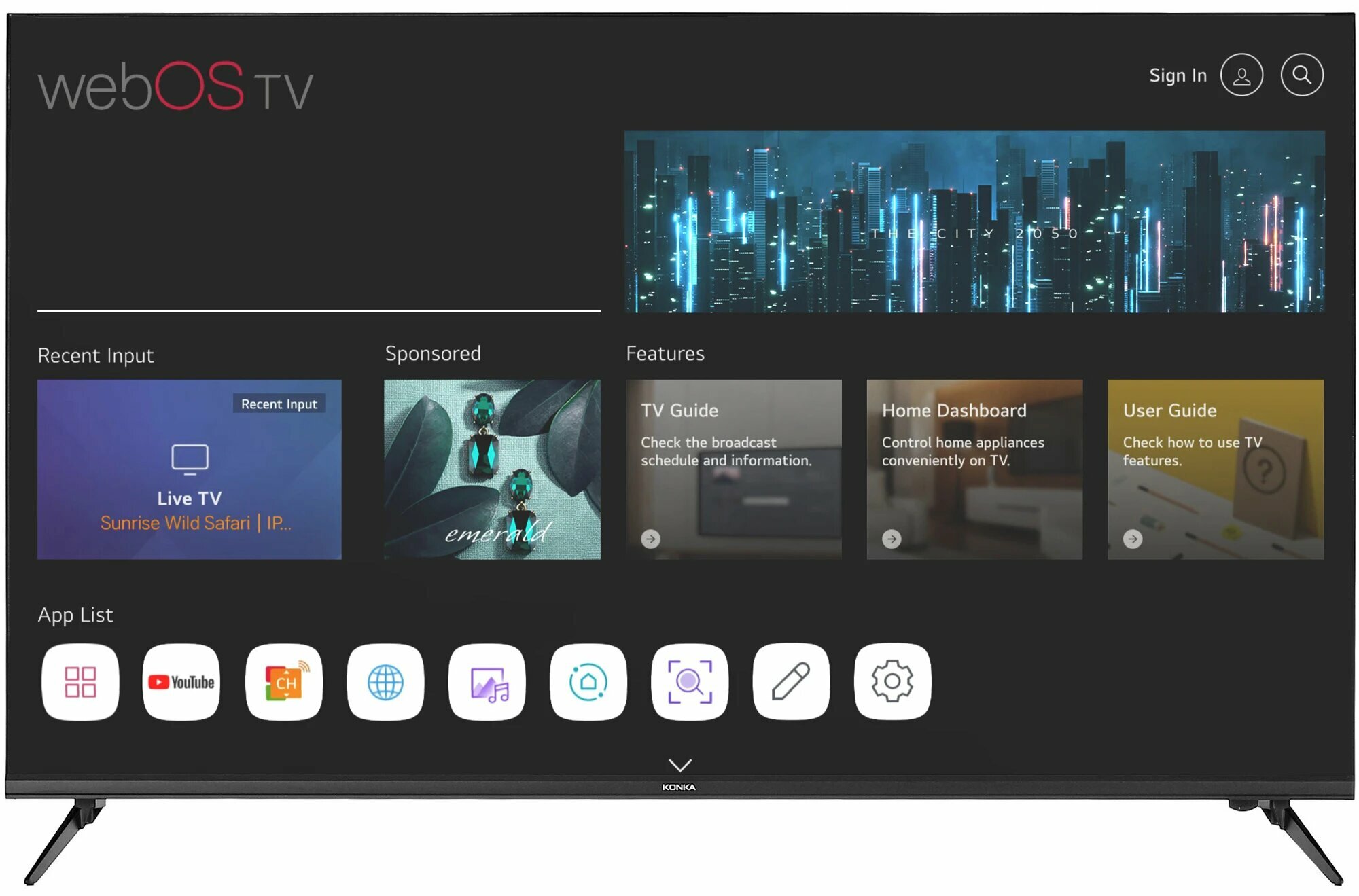 50" (127 см) Телевизор Konka B50, черный (Direct LED, 4K UltraHD, Wi-Fi, 60 Гц, webOS)