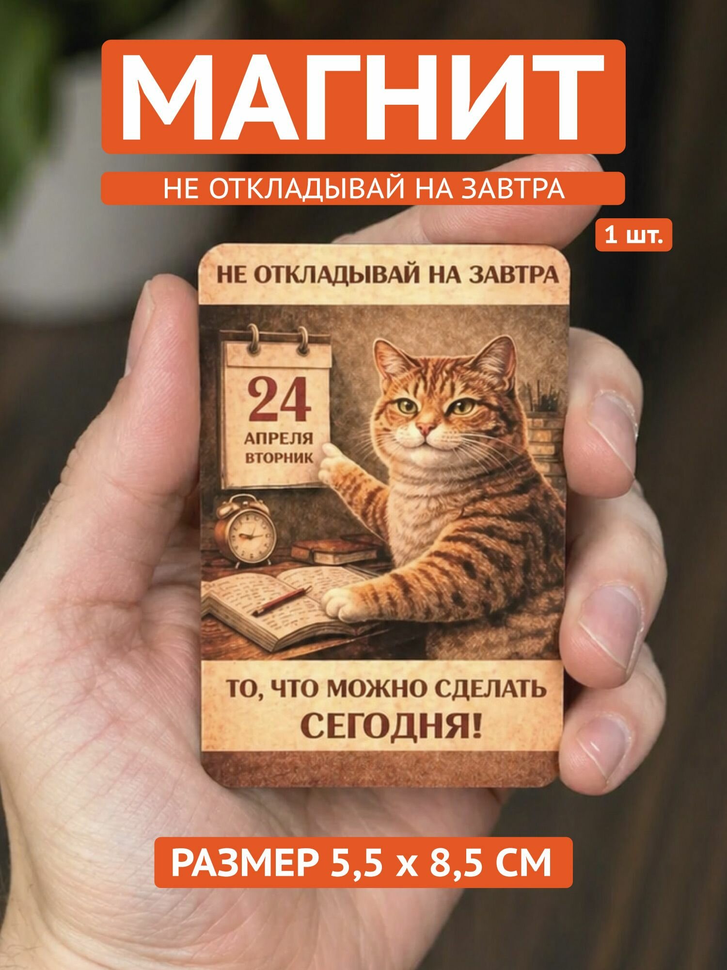 Магнит Не откладывай на завтра то, что можно сделать сегодня. 5,5 на 8,5 см. 1 шт. Магнитик на холодильник с котиком.