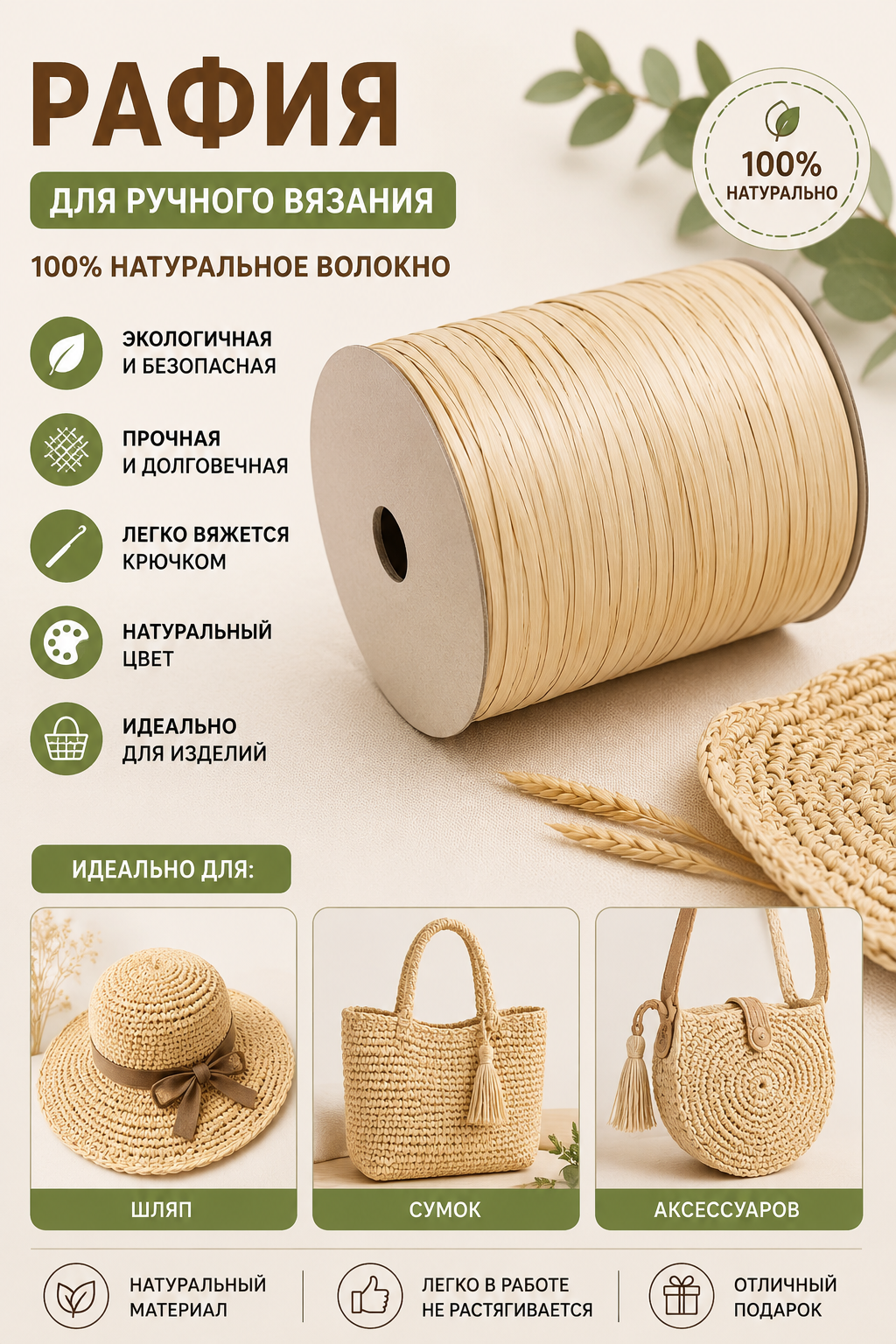 Пряжа рафия SDPZ цвет (SD24) Khaki (Цвет товара: 002 коричневый)