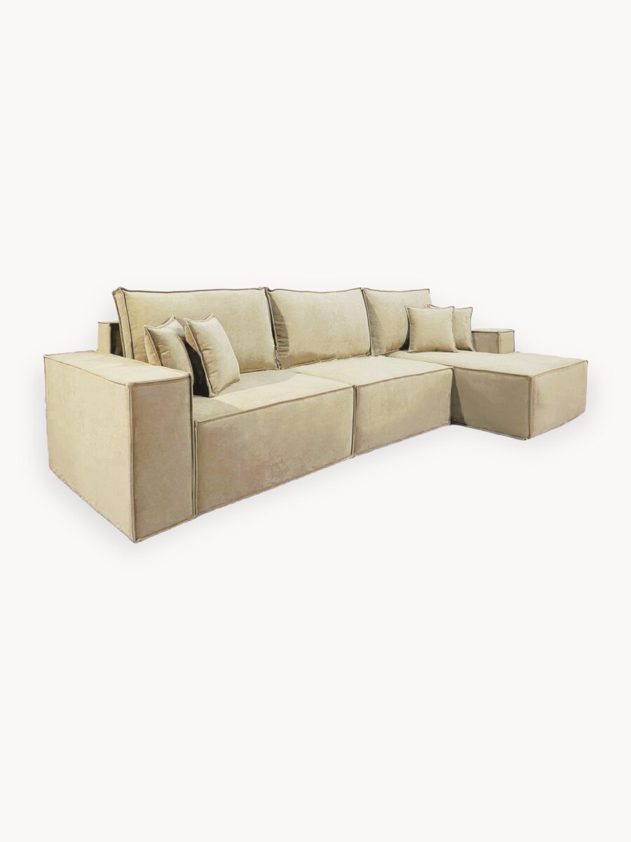 Диван-кровать угловой с оттоманкой в стиле Лофт, бежевый, выкатной механизм, пружинный блок