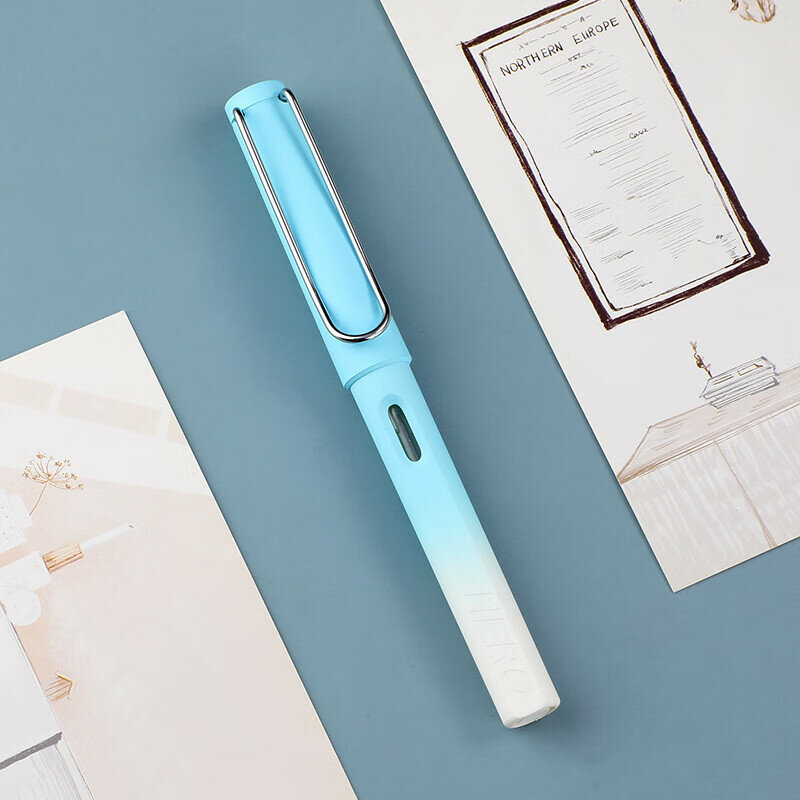 [Lowest Price Online] HERO Fountain Pen 359B, Fine Nib Iridium Gold, for Male And Female Students, Handwriting Practice, Third Grade, Correct Posture Signature (Includes 6 Ink Cartridges), EF Nib, Gradient Light Blue