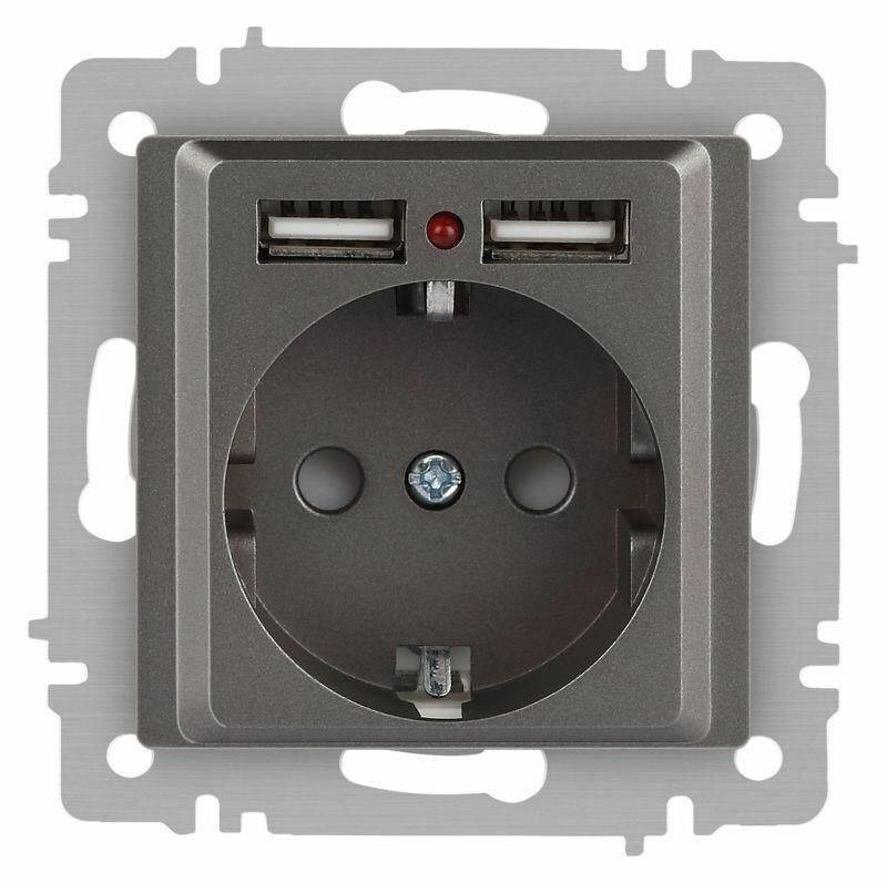 Розетка 1-м СП Accent 6-410-09 16А IP20 250В P+E Schuko + 2хUSB защ. шторки титан Intro Б0063711