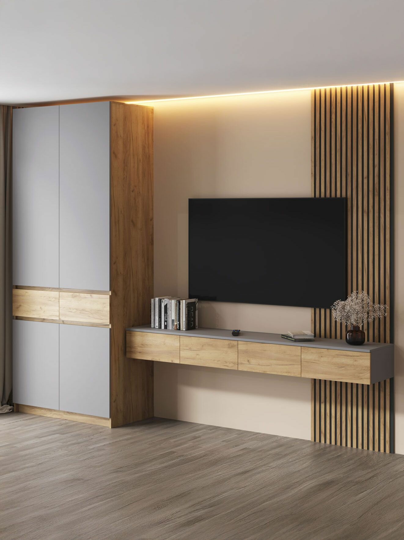 Гостиная комплект Бостон Дуо, шкаф распашной, ТВ-тумба, 297.4х51х269.6 см, Дуб Крафт золотой / Серый шифер