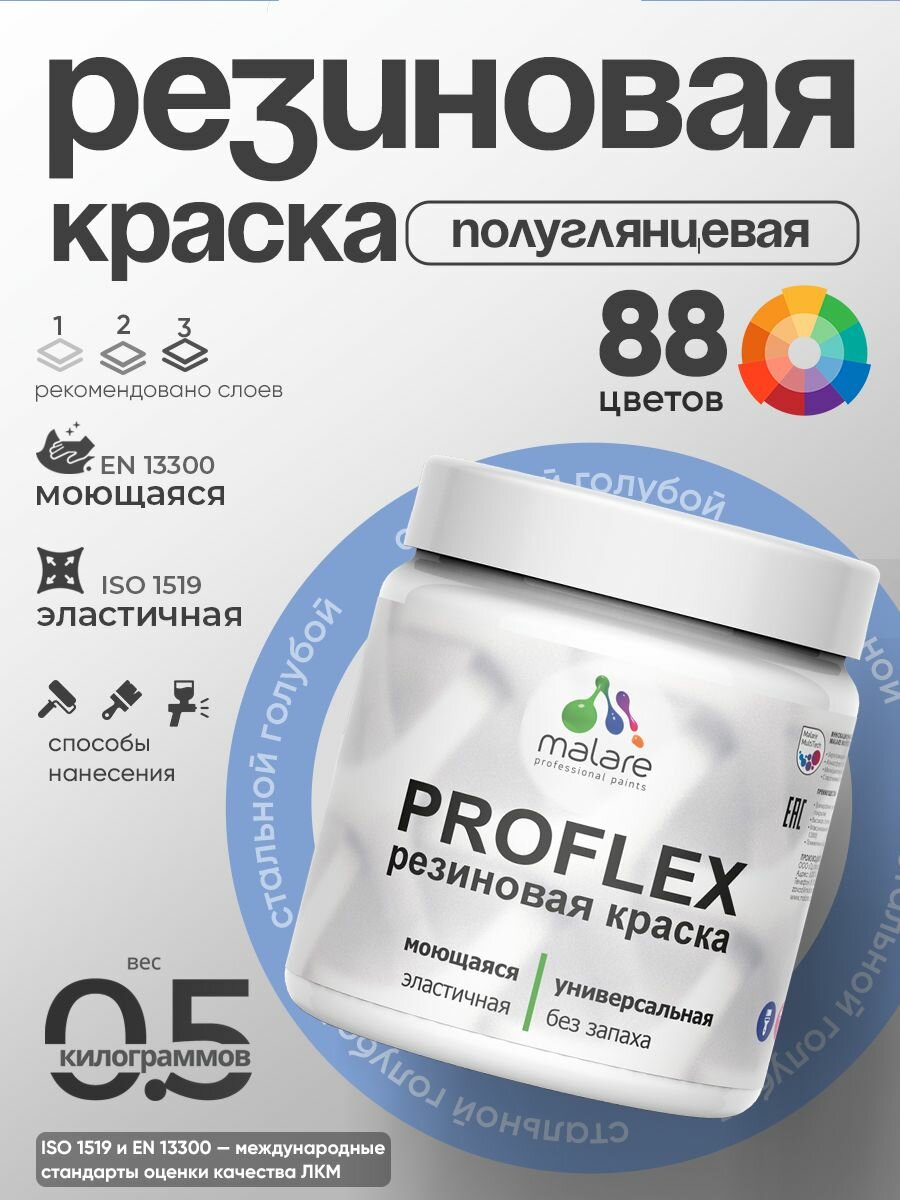 Краска резиновая Malare ProfleX жидкая резина для наружных и внутренних работ, быстросохнущая моющаяся, полуглянцевая, стальной голубой, 0.5 кг